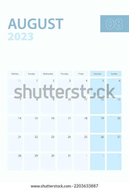 Vertical Calendar Page August 2023 Week Stock Vector (Royalty Free ...