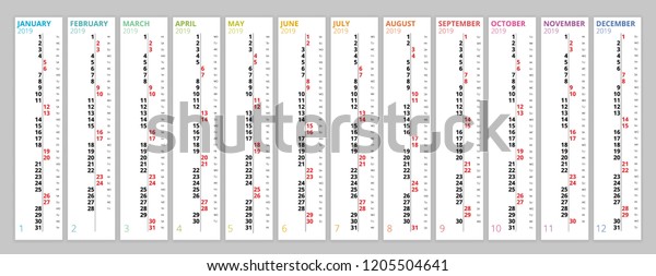 Vertical Rainbow 2019 Calendar Vector English Stock Vector (Royalty ...