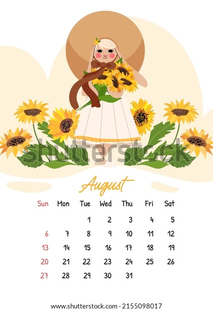 Vertical Vector Calendar August 2023 Cute 库存矢量图（免版税）2155098017 ...