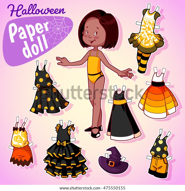 Very cute paper doll with seven beautiful dresses at halloween ...