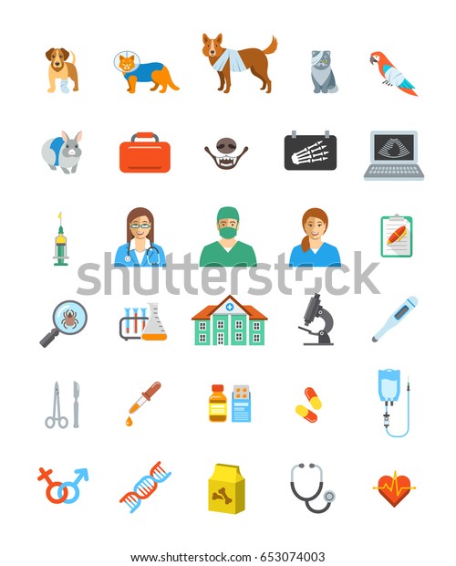 Vet clinic services vector icons. Pet treatment flat symbols. Domestic ...