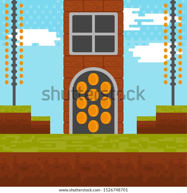Video Game World Design Pixel Scene: เวกเตอร์สต็อก (ปลอดค่าลิขสิทธิ์ ...