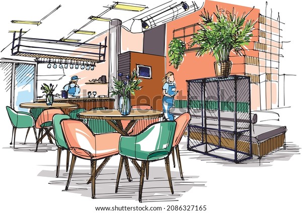 Aussicht auf das Cafe-Innere - handgezeichnet: Stock-Vektorgrafik ...