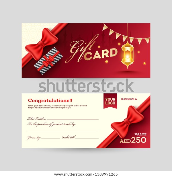 View of front and back Gift Card design with gift box and illuminated ...