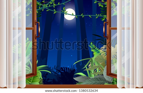 View Jungle Window Night Stock Vector (Royalty Free) 1380532634 ...