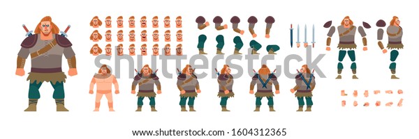 Viking animated character, front, side, back, 3/4 view. Warrior ...