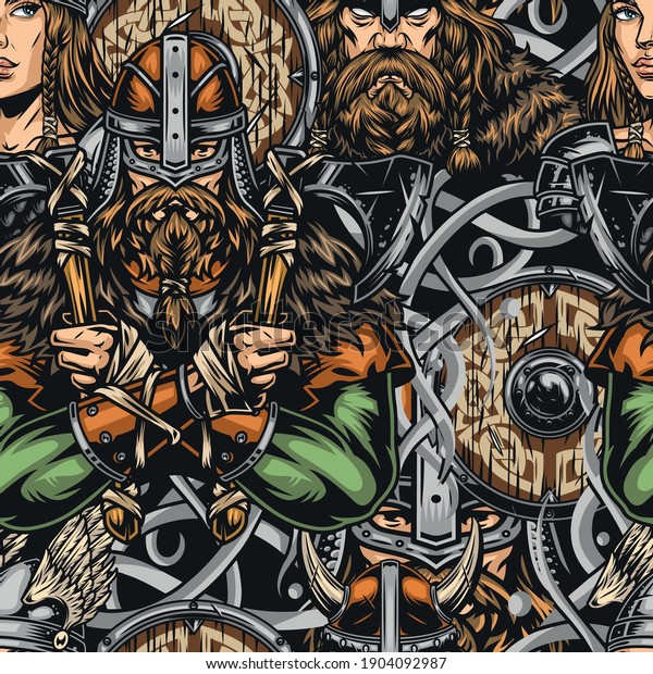 Viking Colorful Vintage Seamless Pattern Strong Stock Vector (Royalty ...
