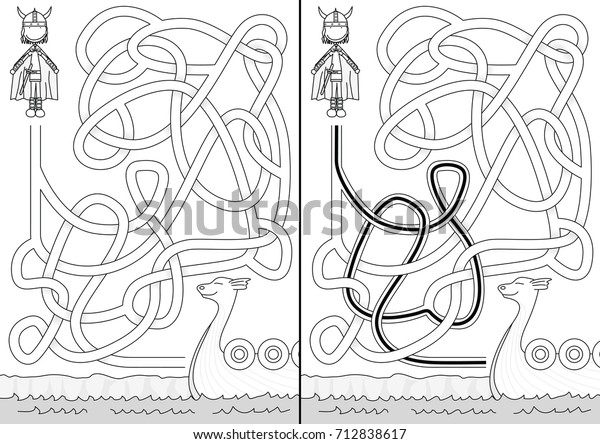 Viking Maze Kids Solution Black White Stock Vector (Royalty Free ...