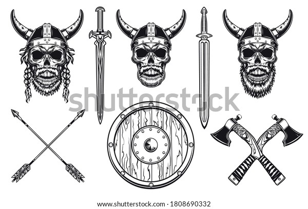 Viking Skulls Set Medieval Warrior Heads 库存矢量图（免版税）1808690332