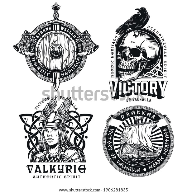 Viking Vintage Labels Set Monochrome Style Stock Vector (Royalty Free ...