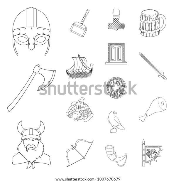 Vikings Attributes Outline Icons Set Collection Stock Vector (Royalty ...