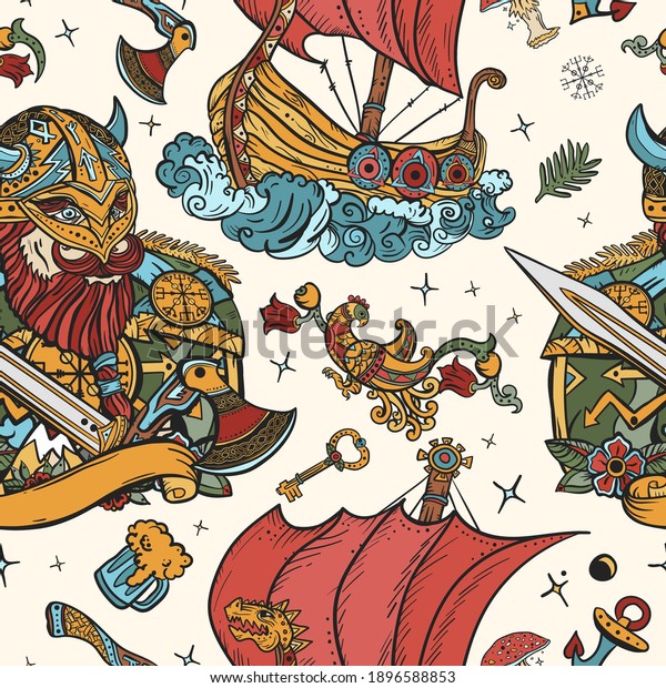 Vikings Seamless Pattern Scandinavian Culture Valhalla Stock Vector ...