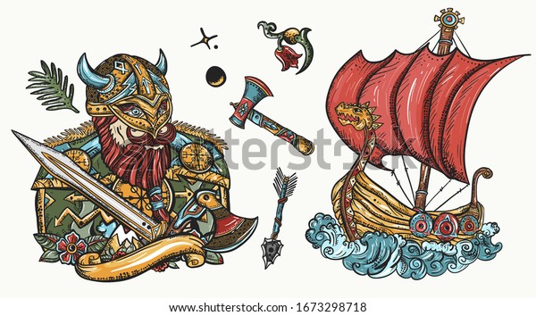 Vikings Tattoo Collection Medieval Barbarian Long Stock Vector (Royalty ...