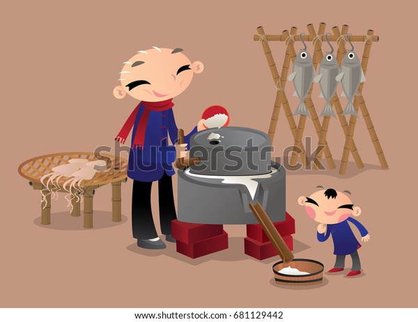 Village Chinese Man Using Millstone Grind Stock Vector (Royalty Free ...