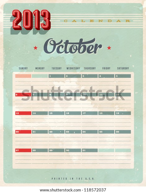 Vintage 2013 Calendar October Vector Eps10 Stock Vector (Royalty Free ...