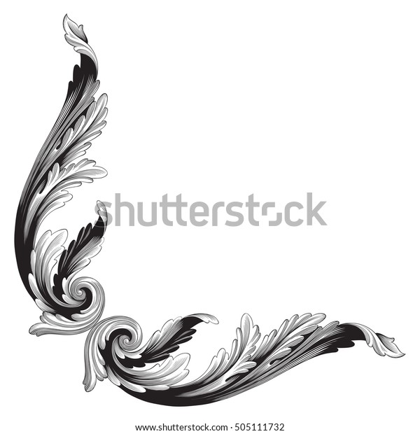 Vintage baroque corner scroll ornament engraving corner floral retro ...