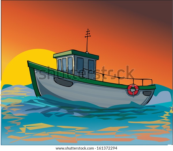 Vintage Boat Sunset Vector Illustration Stock Vector (Royalty Free ...