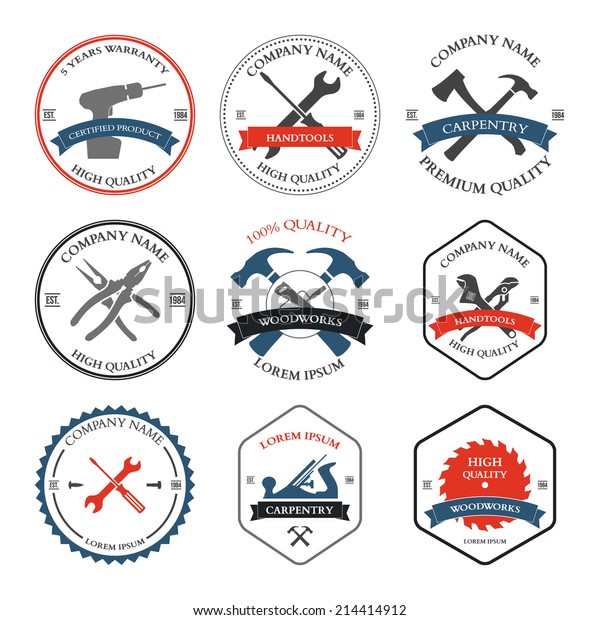 Vintage Carpentry Tools Labels Design Elements Stock Vector (Royalty ...