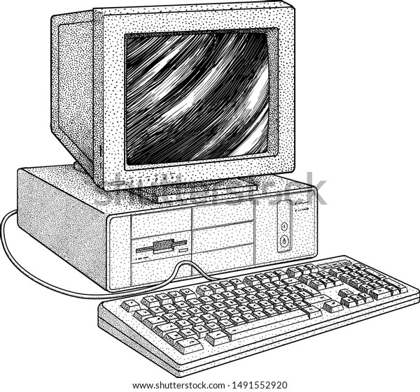 Vintage computer illustration, drawing, engraving, ink, line art, vector