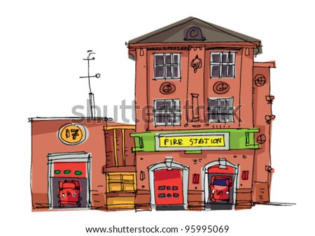Vintage Fire Station Cartoon เวกเตอร์สต็อก (ปลอดค่าลิขสิทธิ์) 95995069 ...