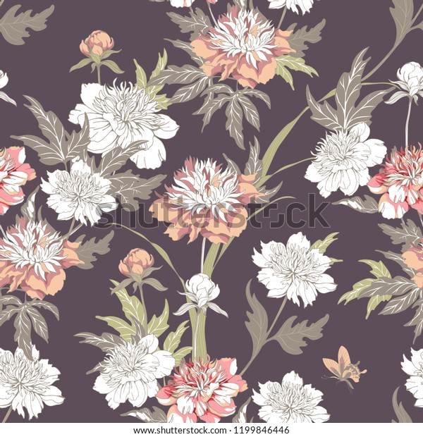 Vintage Flowers Peonies Seamless Pattern Vector: เวกเตอร์สต็อก (ปลอดค่า ...