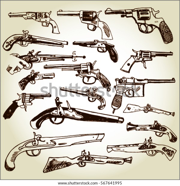 Vintage Guns Hand Drawn Stock Vector (Royalty Free) 567641995 ...