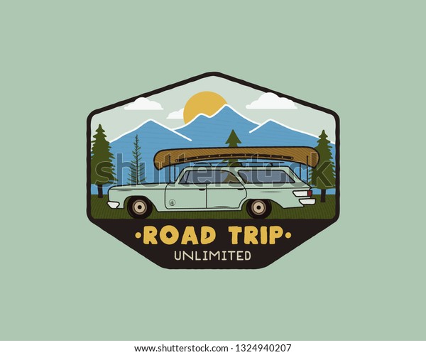 Vintage hand drawn road trip logo patch with car riding through the ...