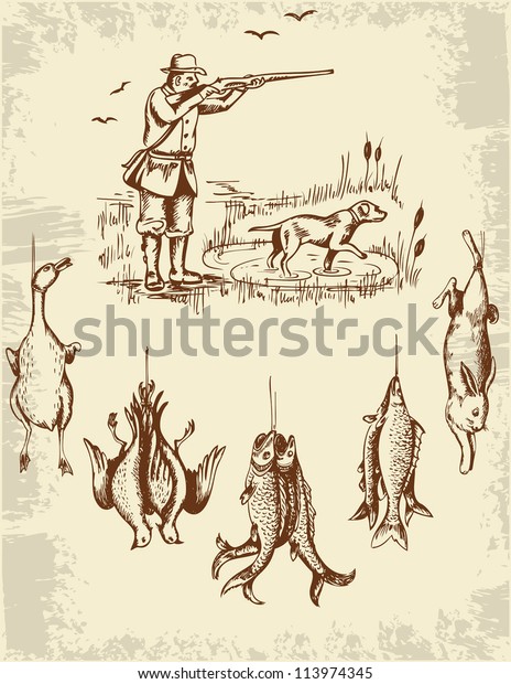 Vintage Hand Drawn Wild Animals Hunter Stock Vector (Royalty Free ...