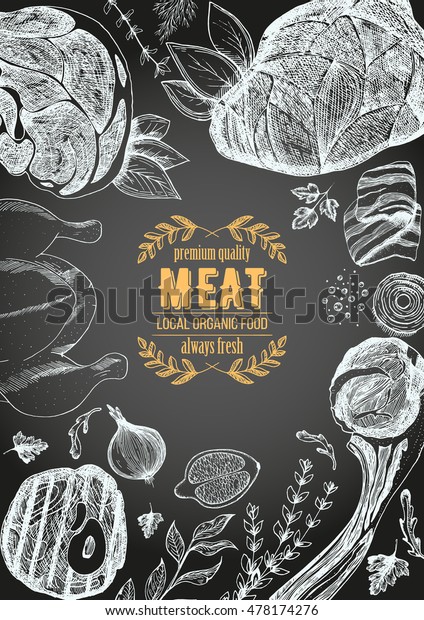 Vintage Meat Frame Vector Illustration Linear stockvector (rechtenvrij ...