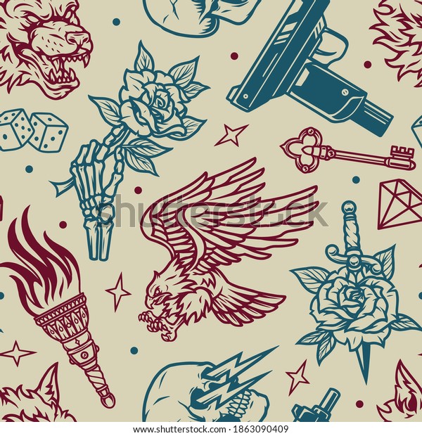 Vintage Monochrome Tattoos Seamless Pattern Eagle Stock Vector (Royalty ...
