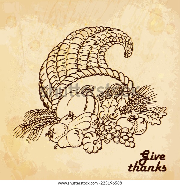 Vintage Old Background Cornucopia Hand Drawing Stock Vector (Royalty ...