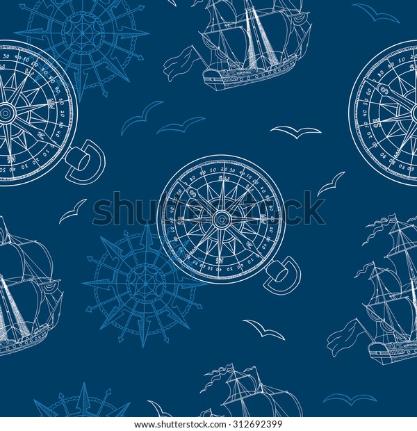 Vintage Seamless Background Compass Ship Gulls Stock Vector (Royalty ...