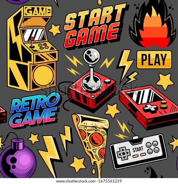 Vintage Style Seamless Pattern Retro Arcade 库存矢量图（免版税）1675561219