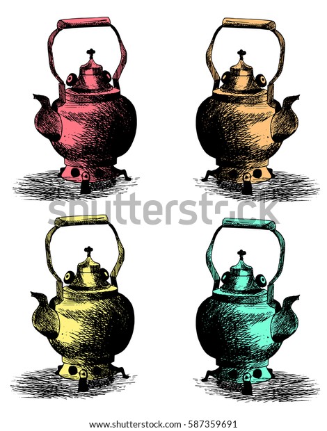 Vintage Teapots Hand Drawn Colored Vector Stock Vector (Royalty Free ...