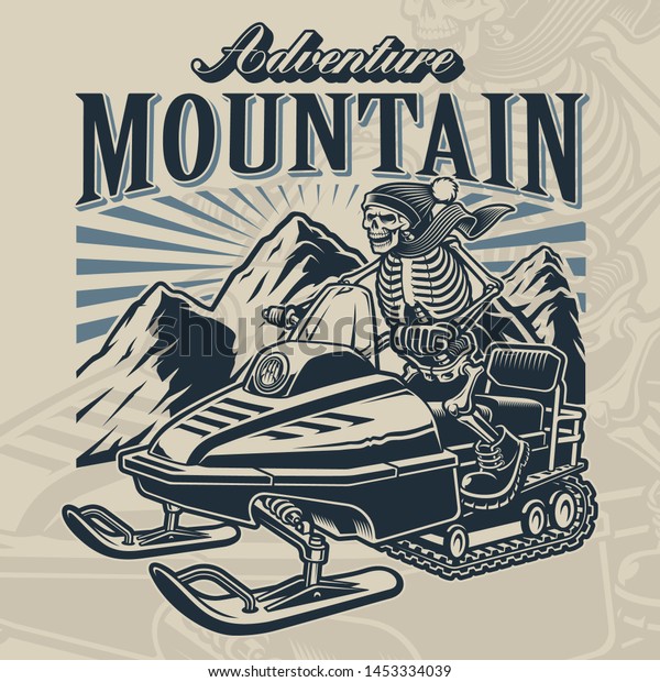 Vintage Vector Illustration Skeleton On Snowmobile Stock Vector ...