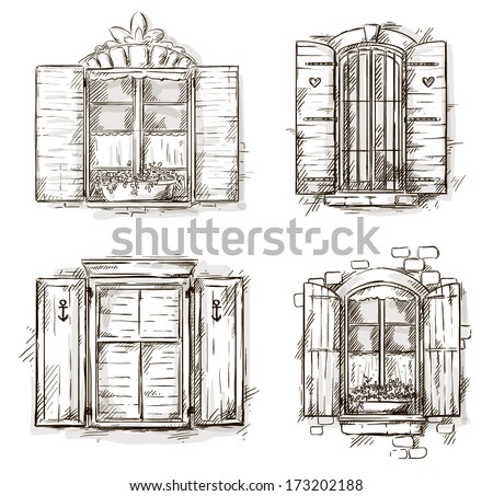 Vintage Window Hand Drawn Set Vector Stock Vector (Royalty Free ...