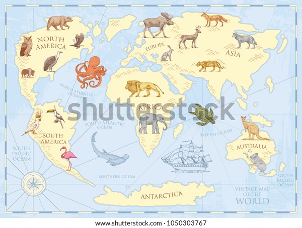 Vintage world map with wild animals and mountains. Sea creatures in the ...