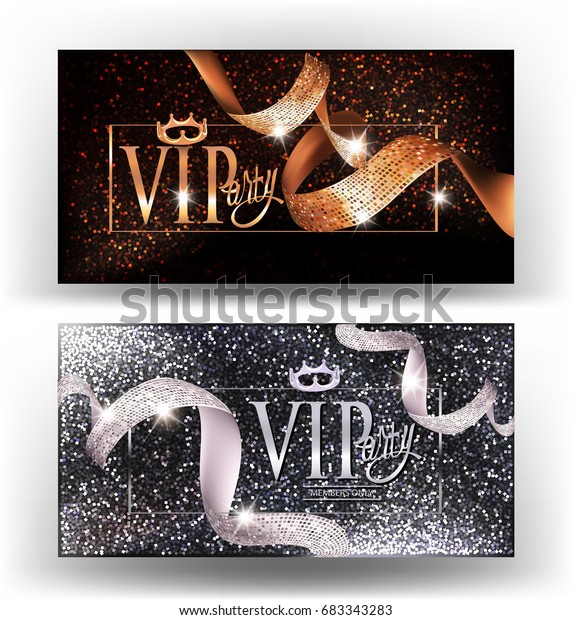 VIP sparkling gold and silver elegant invitation cards with curly ...