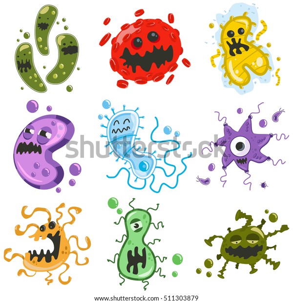 Viruses Bacteria Cartoon Character Set Biological Stock Vector (Royalty ...