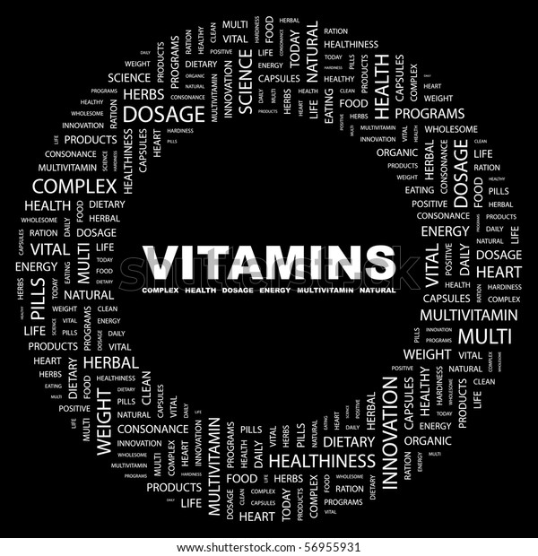 Vitamins Word Collage On Black Background: เวกเตอร์สต็อก (ปลอดค่า ...