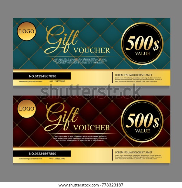 Voucher template with dark red, green and gold background design coupon ...