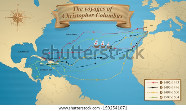 Vektor Stok Voyages Christopher Columbus Map Marked Routes (Tanpa ...