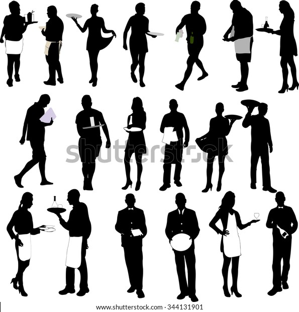 Waiters Waitresses Silhouette Big Collection Vector Stock Vector