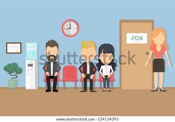 Waiting for a job. People seat in the queue waiting for job interview ...