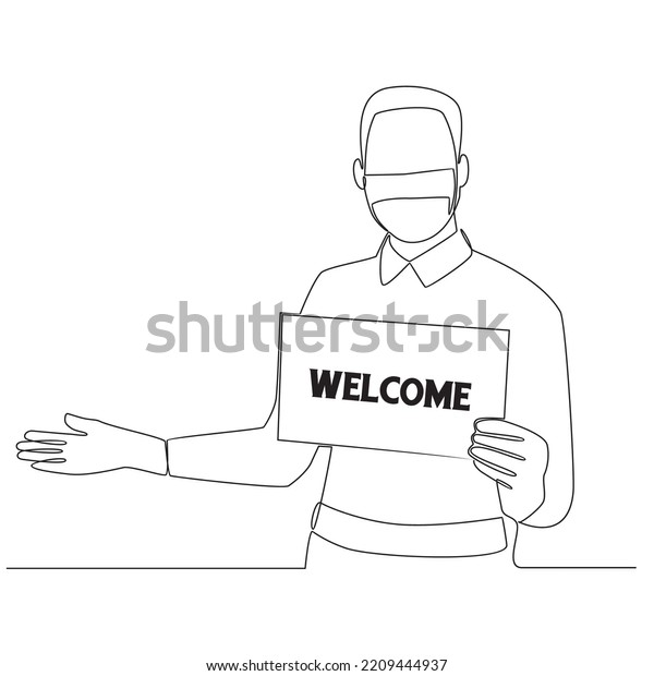 Waitress Holding Welcome Sign Continuous Line Stock Vector (Royalty ...