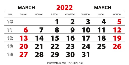Wall Calendar 2022 March Week Start Stock Vector (Royalty Free ...