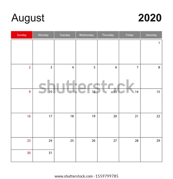 Wall Calendar Template August 2020 Holiday Stock Vector (Royalty Free ...