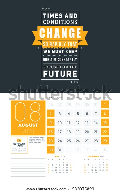 Wall Calendar Template August 2020 Vector Stock Vector (Royalty Free ...