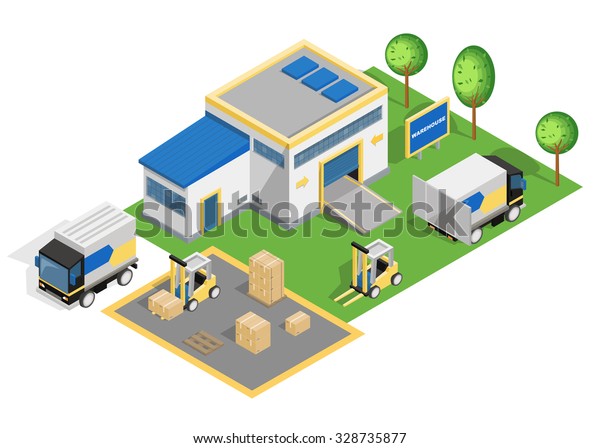 Warehouse Building Icon Trucks Goods Logistic Stock Vector (Royalty ...