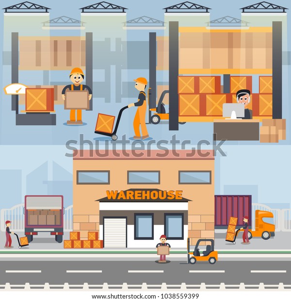 Warehouse Building Shipping Process Flat Style Stock Vector (Royalty ...